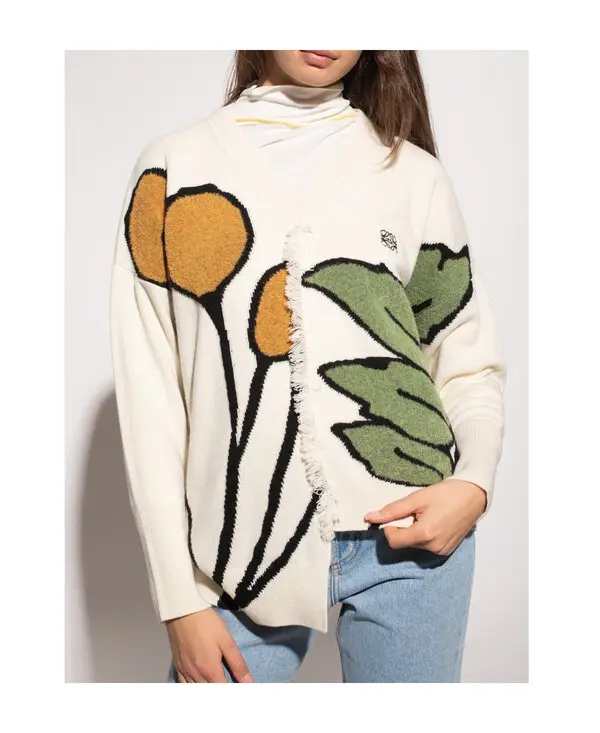 Loewe Asymmetric Floral Intarsia Knit V-neck Jumper