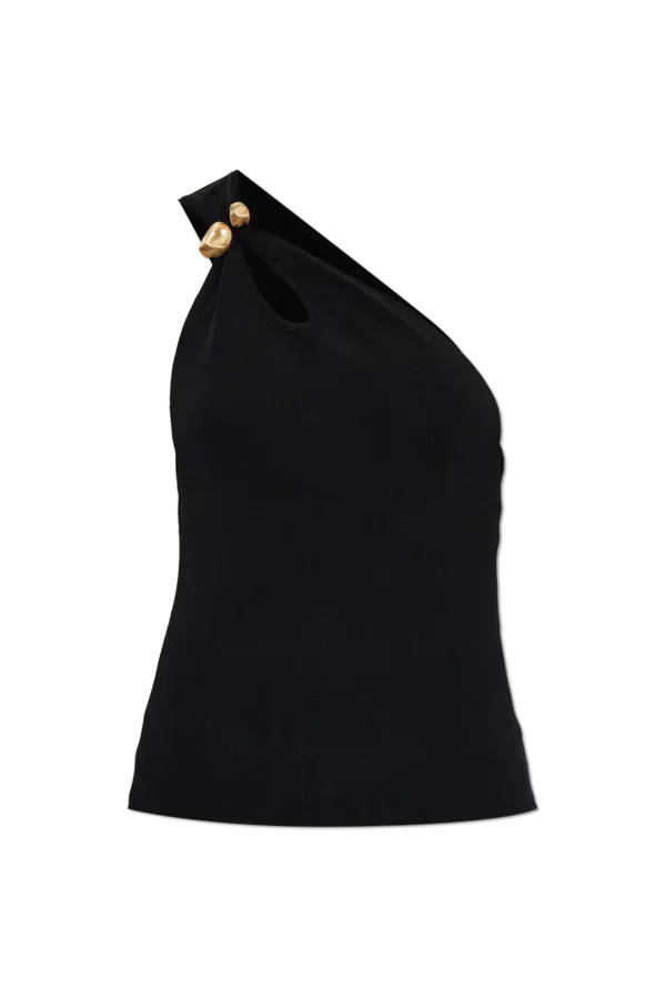 Cult Gaia Anouk Asymmetric One-shoulder Knit Top With Gold Embellishments - Black
