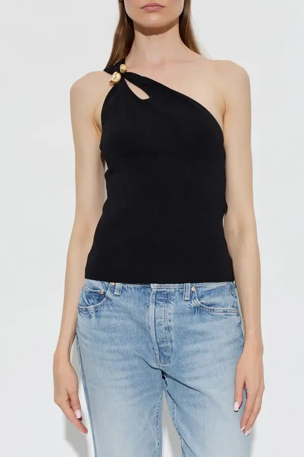 Cult Gaia Anouk Asymmetric One-shoulder Knit Top With Gold Embellishments
