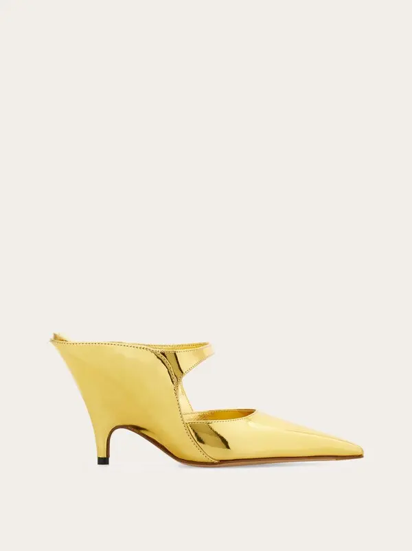 FERRAGAMO Patent Leather Graphic Wedge Mule - Gold