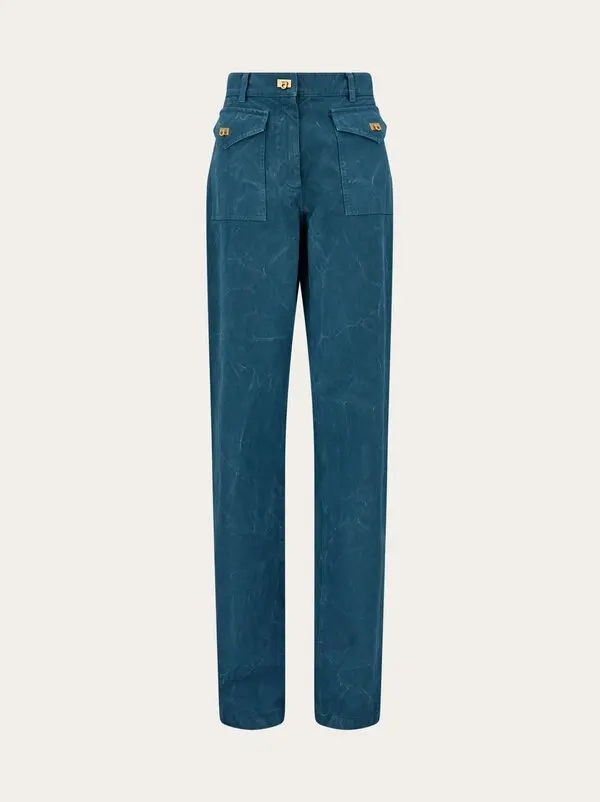 FERRAGAMO Washed Cotton Gabardine Trousers With Gancini Buckles