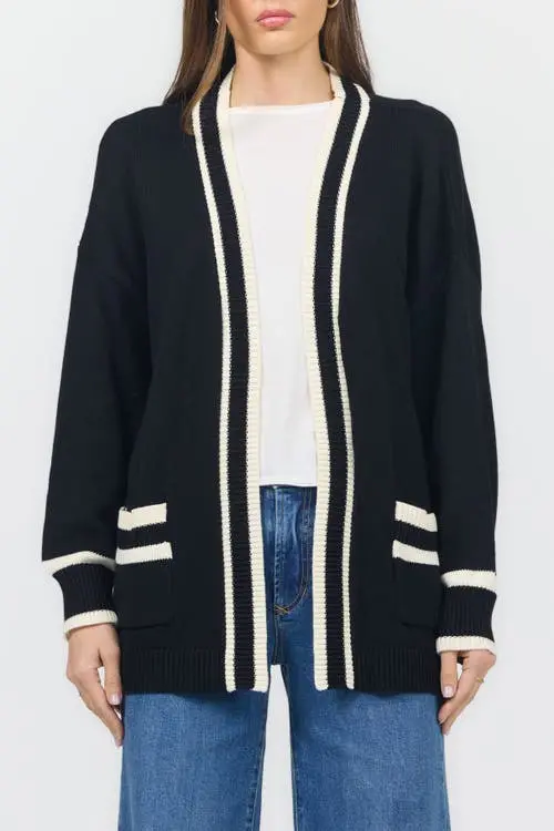 DEAR JOHN Amani Open Front Stripe Trim Cardigan
