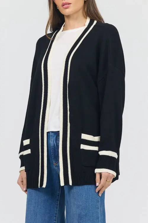 DEAR JOHN Amani Open Front Stripe Trim Cardigan