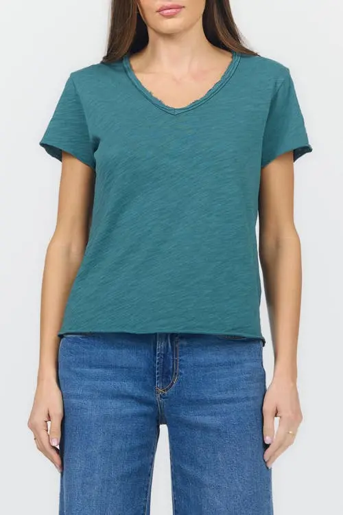 DEAR JOHN Vanya V-neck Slub Knit T-shirt - Mediterranea