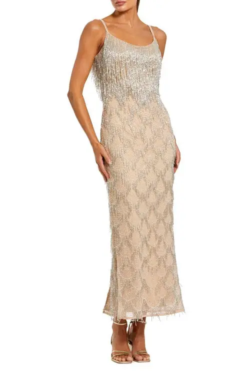 Mac Duggal Beaded Fringe Mesh Column Dress