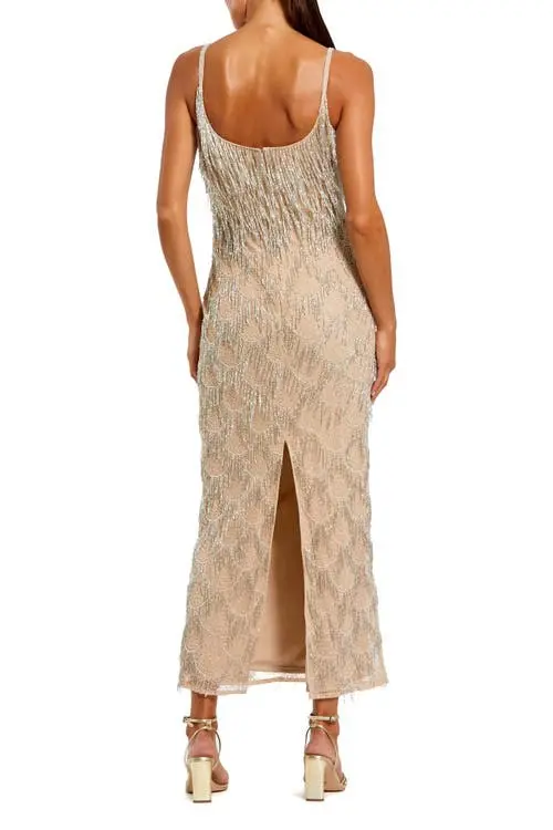 Mac Duggal Beaded Fringe Mesh Column Dress