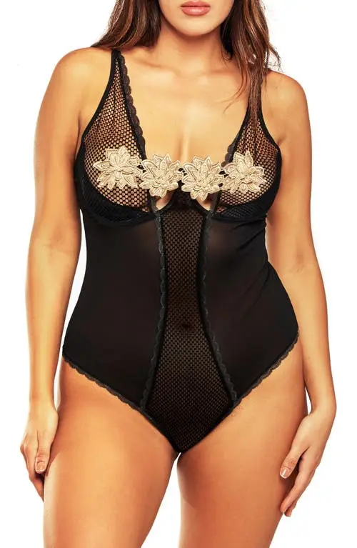 ICOLLECTION Underwire Metallic Floral Embroidered Teddy