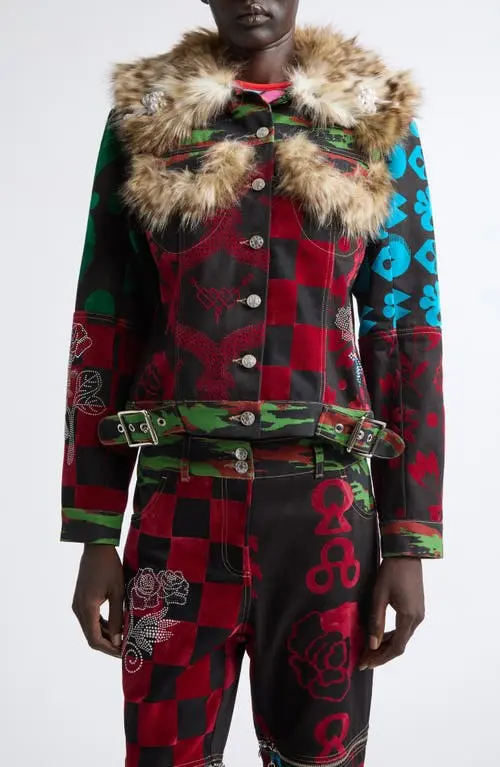 CHOPOVA LOWENA Faux Fur Trim Patchwork Denim Jacket - Multi