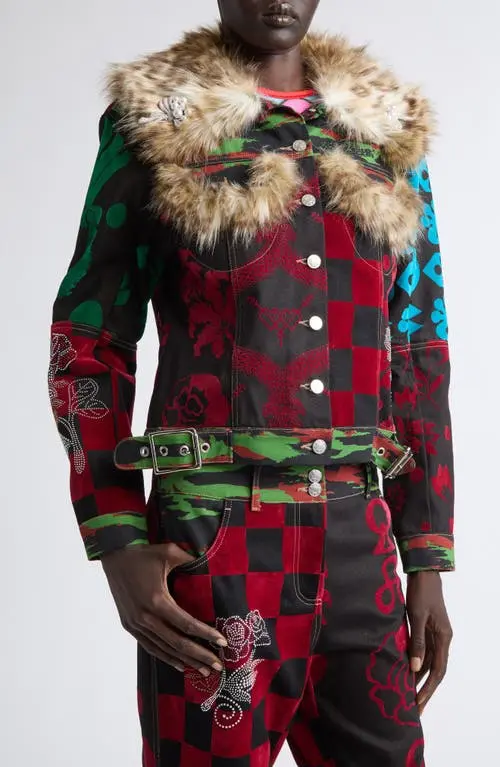 CHOPOVA LOWENA Patchwork Faux Fur Trim Denim Jacket