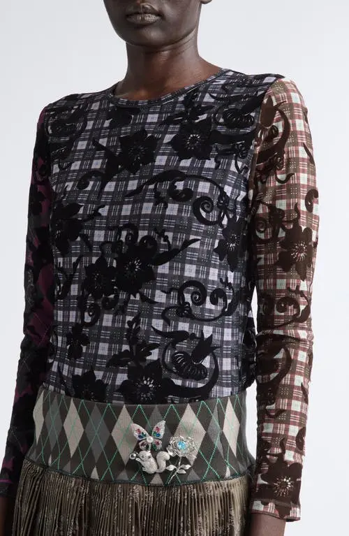 CHOPOVA LOWENA Duchess Flocked Mesh Top - Black Multi
