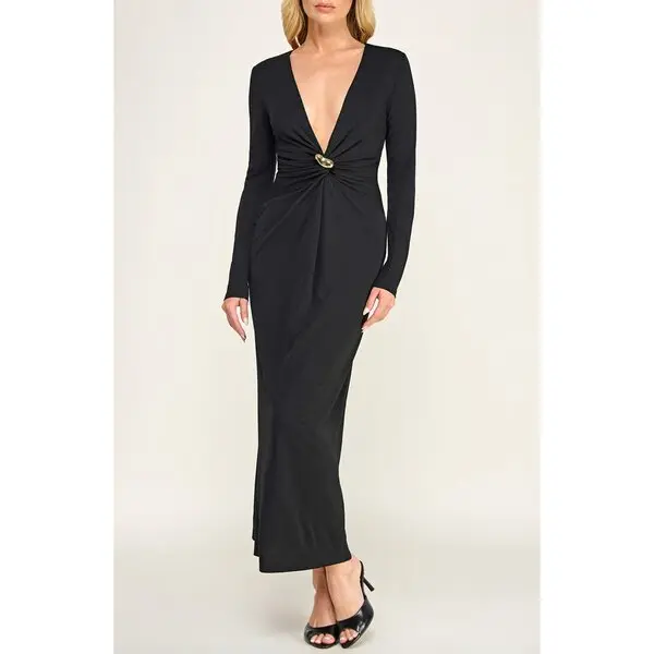 SOCIALITE Buckle Detail V-neck Midi Dress - Black