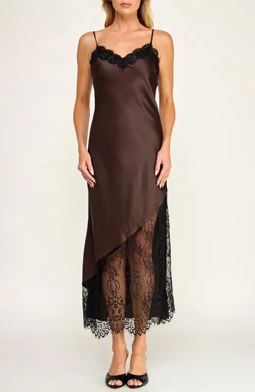 SOCIALITE Lace Trim Satin Midi Slipdress - Brown Black