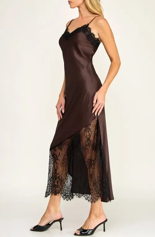 SOCIALITE Lace Trim Satin Midi Slipdress - Brown Black