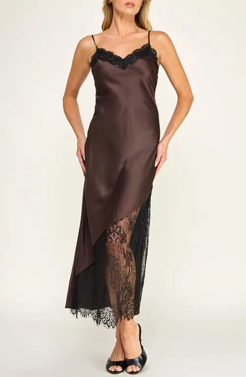 SOCIALITE Lace Trim Satin Midi Slipdress - Brown Black