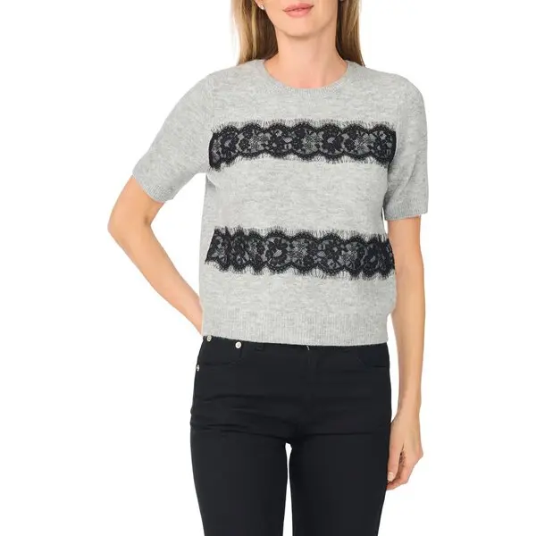 CECE DUPRAZ Lace Stripe Short Sleeve Sweater - Light Heather Grey