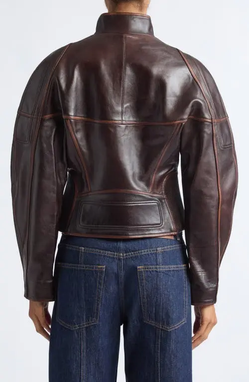 Helmut Lang Glossy Leather Biker Jacket With Funnel Neck - Saddle