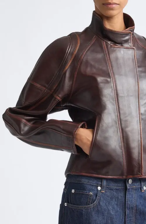 Helmut Lang Glossy Leather Biker Jacket With Funnel Neck - Saddle