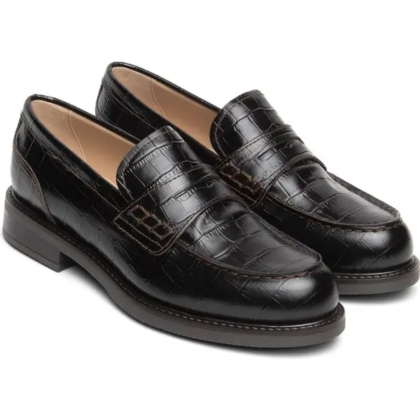 NEROGIARDINI Croc Embossed Leather Penny Loafer - Chocolate