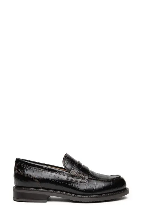NEROGIARDINI Croc Embossed Leather Penny Loafer - Chocolate