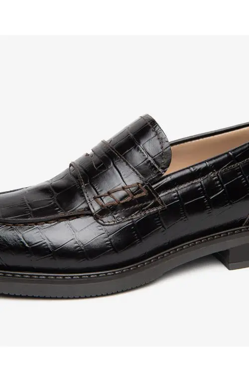 NEROGIARDINI Croc Embossed Leather Penny Loafer - Chocolate