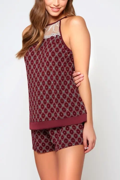 ICOLLECTION Geometric Print Lace Halter Cami & Shorts Pajama Set