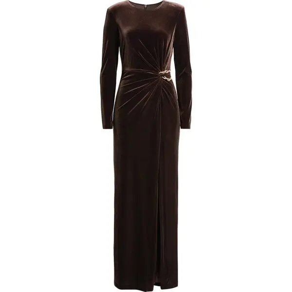 Eliza J Ruched Long Sleeve Velvet Gown - Chocolate