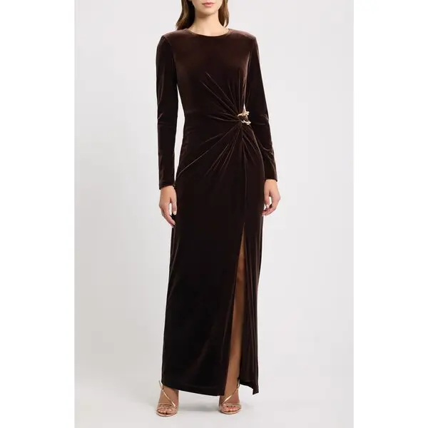 Eliza J Long Sleeve Ruched Velvet Gown