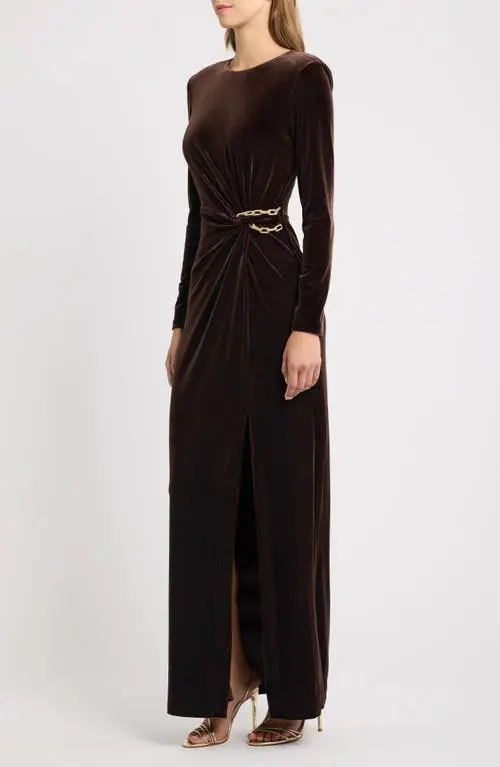 Eliza J Long Sleeve Ruched Velvet Gown