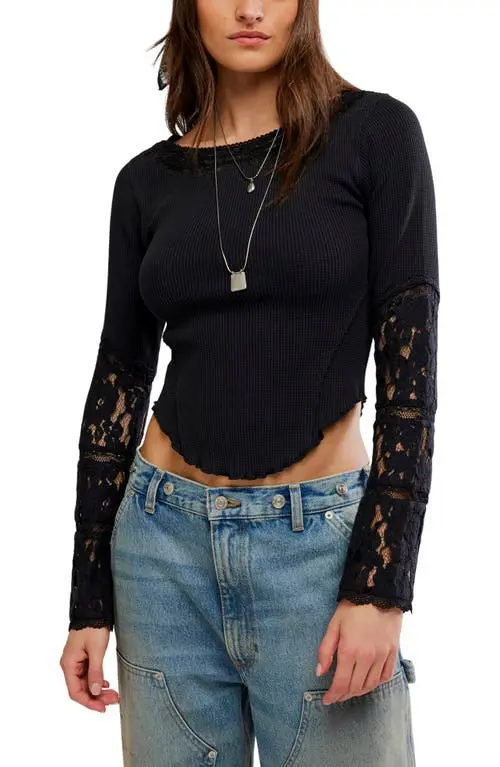 Free People Intimately Fp Amber Lace Cuff Waffle Knit Top - Black