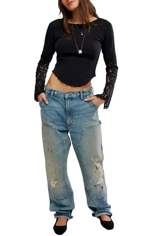 Free People Intimately Fp Amber Lace Cuff Waffle Knit Top - Black