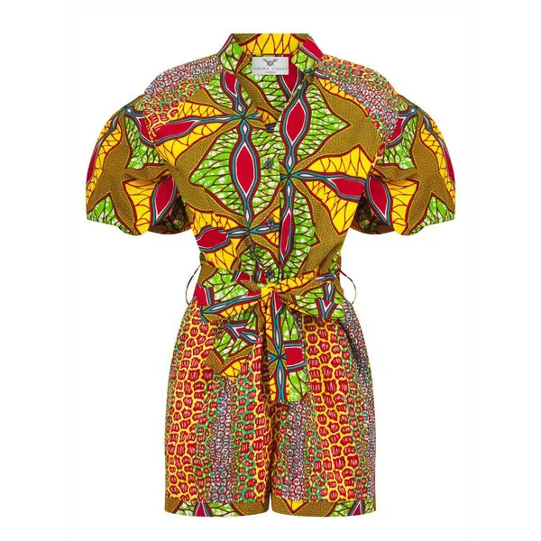 OHEMA OHENE African Print Cotton Playsuit With Puff Sleeves And Belt