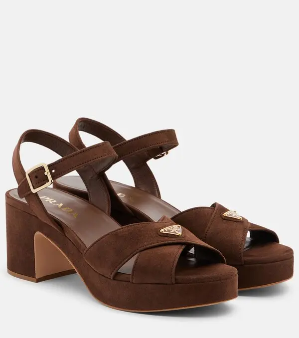 Prada Suede Platform Sandals With Ankle Strap - Brown