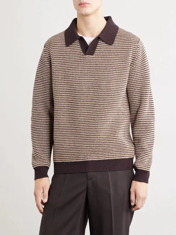 LARDINI Striped Camp-collar Wool And Cashmere Blend Sweater