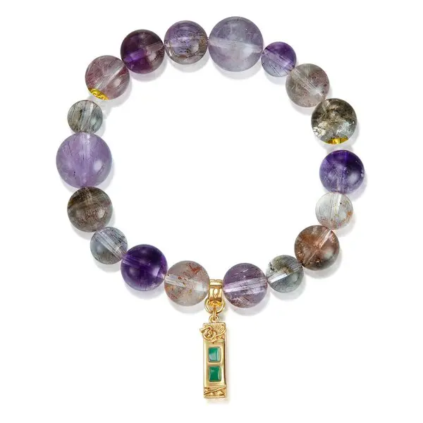 AUROZIA Green / Gold Five Elements Super Seven Crystal Beadeds Bracelet Wood Gold - Green/gold