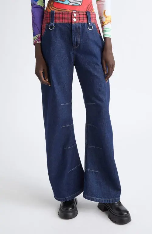 CHOPOVA LOWENA High Waist Plaid Wide Leg Jeans - Denim