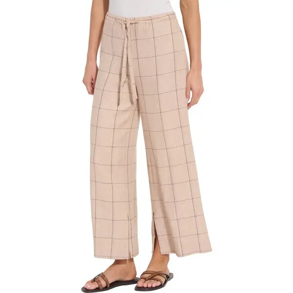 Lyssé Nixie Check Drawstring Wide Leg Linen Blend Pants