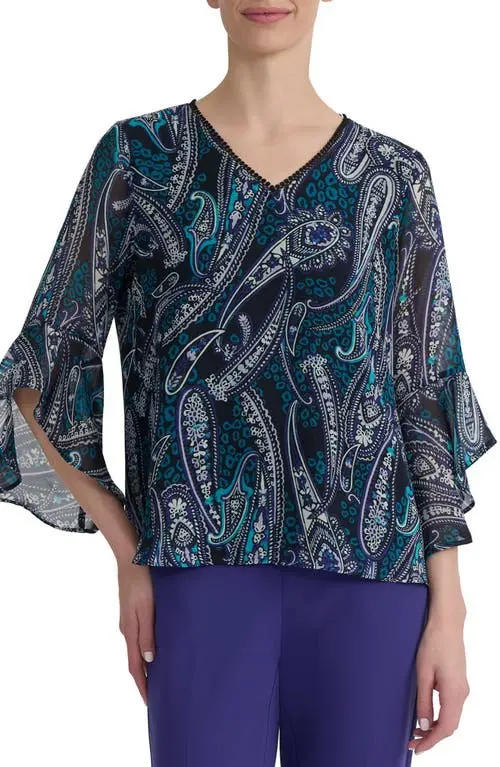 KASPER Print Ruffle Sleeve Top