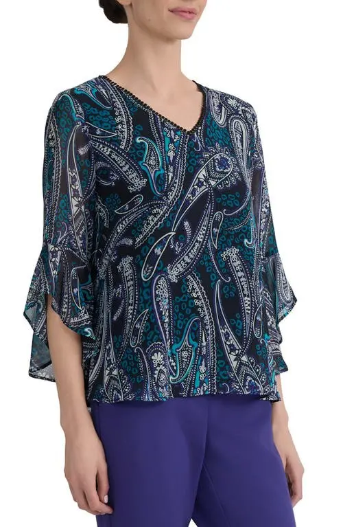 KASPER Print Ruffle Sleeve Top