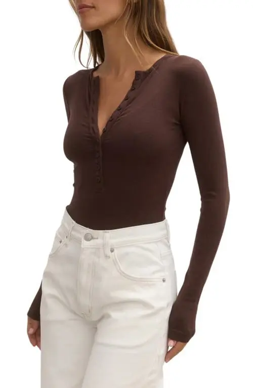 BAYSE Lara Rib Henley Bodysuit - Chocolate