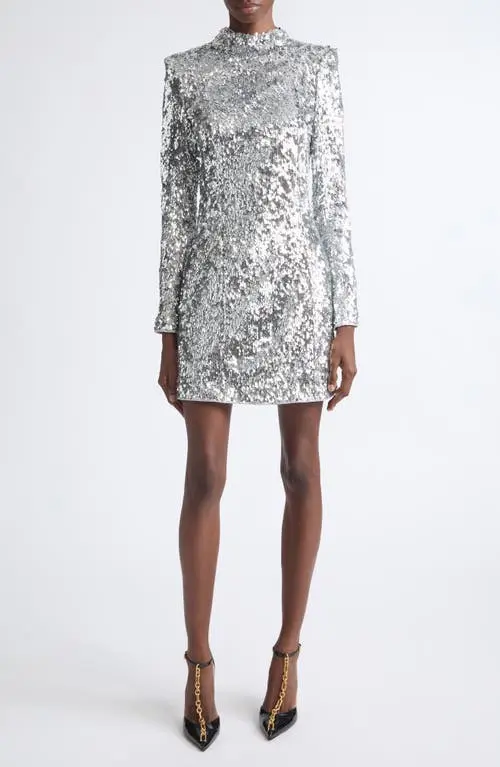 Balmain Long Sleeve Sequin Minidress - 9fc Silver