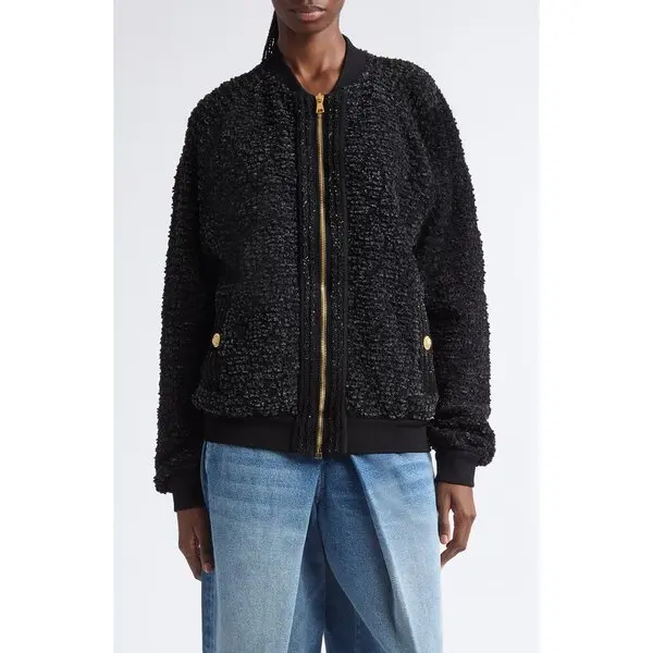 Balmain Fluffy Wool & Cotton Blend Tweed Bomber Jacket With Sequins - 0pa Black