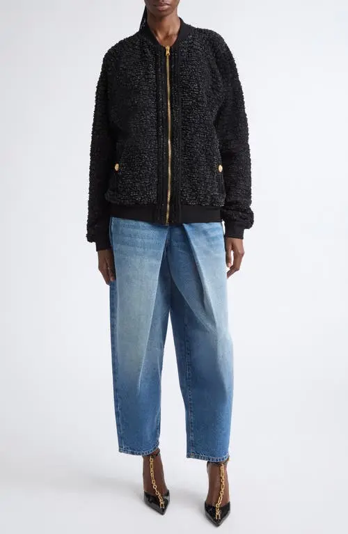 Balmain Fluffy Wool & Cotton Blend Tweed Bomber Jacket With Sequins - 0pa Black