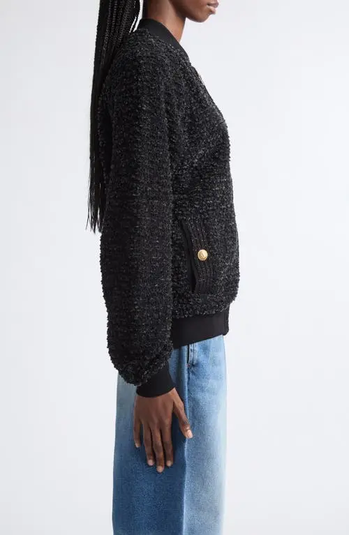 Balmain Fluffy Wool & Cotton Blend Tweed Bomber Jacket With Sequins - 0pa Black