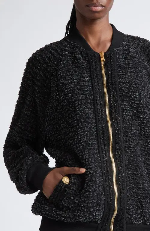Balmain Fluffy Wool & Cotton Blend Tweed Bomber Jacket With Sequins - 0pa Black