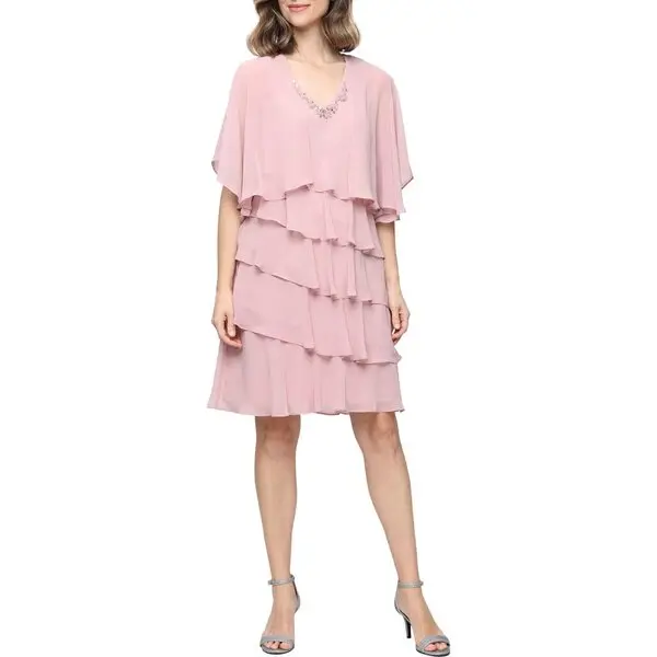 SL FASHIONS Tiered Ruffle Chiffon Dress With Jacket - Faded Rose