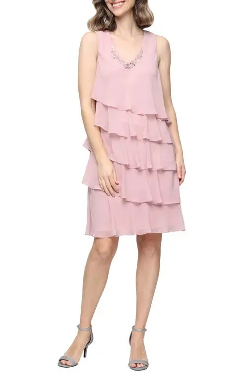 SL FASHIONS Tiered Ruffle Chiffon Dress With Jacket - Faded Rose