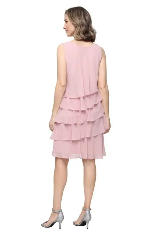 SL FASHIONS Tiered Ruffle Chiffon Dress With Jacket - Faded Rose