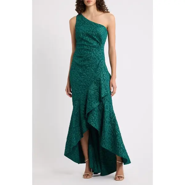Eliza J Ruffled Lace One-shoulder Gown