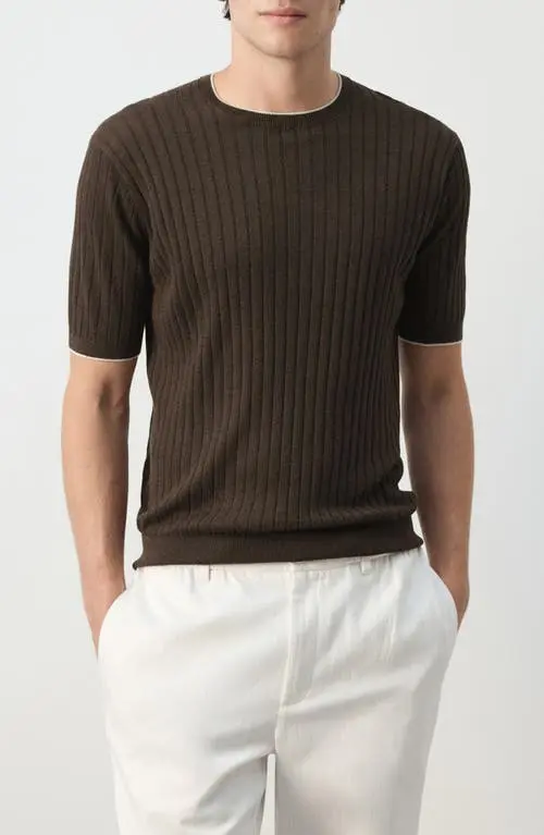 Mango Linen Blend Rib T-shirt - Brown