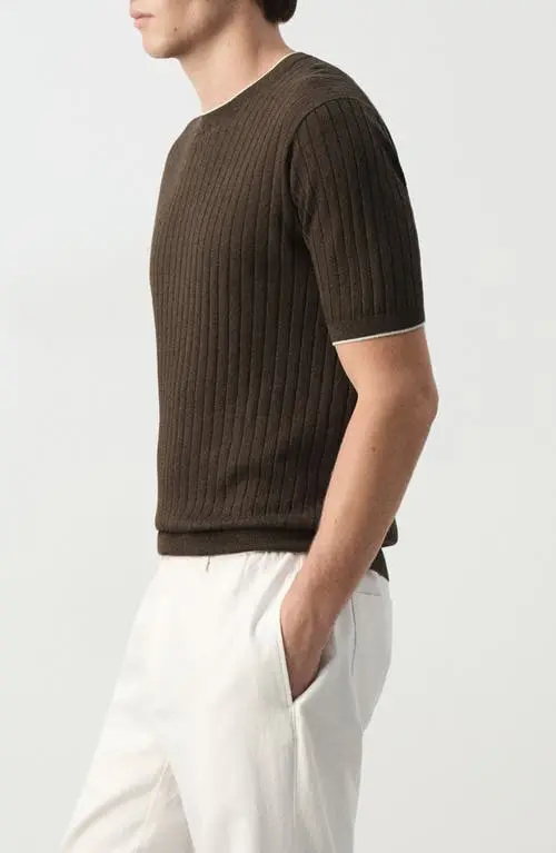 Mango Linen Blend Rib T-shirt - Brown